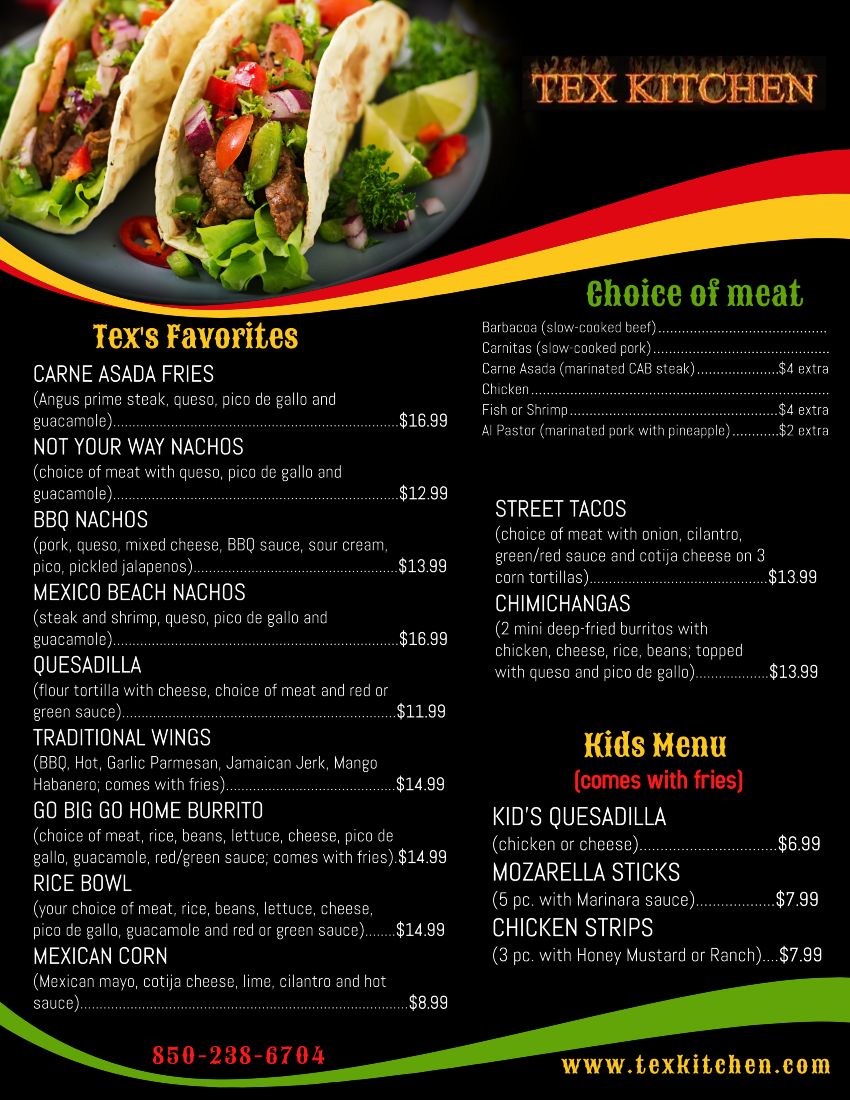 Menu – Tex Kitchen Tex Mex at Mexico Beach