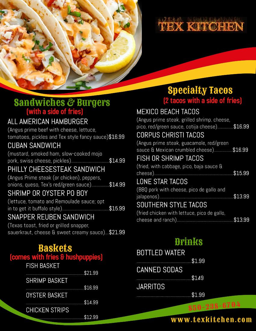 Menu – Tex Kitchen Tex Mex at Mexico Beach